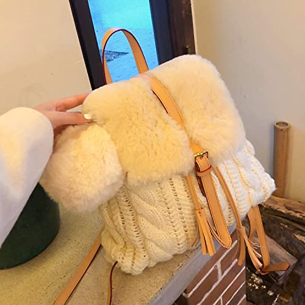 Cute Plush Knit Fuzzy Backpack for Girls Women, Fluffy Backpack with Faux Fur Knitting Kawaii School Supplies Daily Use, Furry Sherpa Fleece Plush Backpack