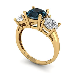 Clara Pucci 3.35 ct Round Cut Custom Engraving 3 stone Natural London Blue Topaz Designer Solitaire Statement Ring 18K Yellow Gold Size 6