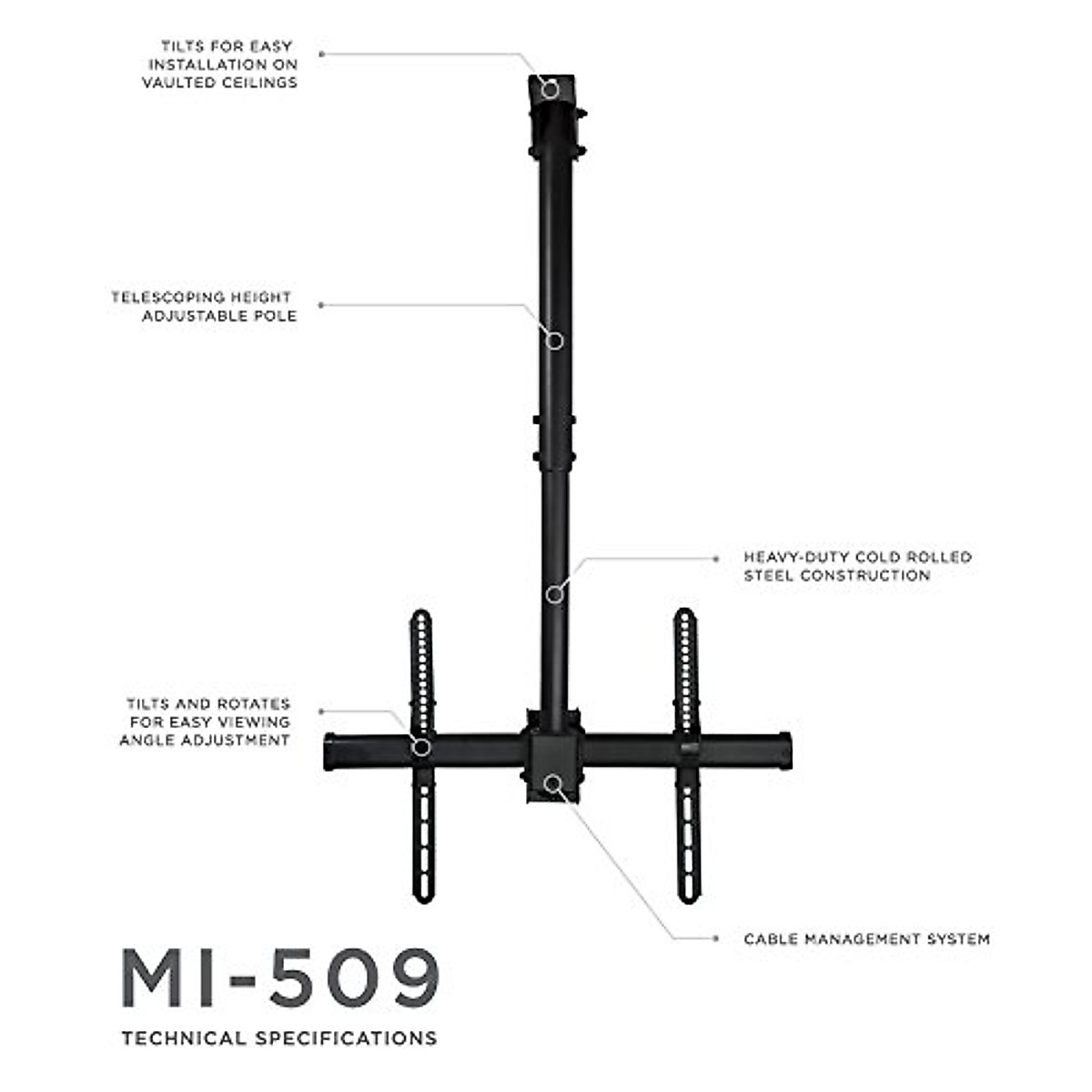 Mount-It! TV Ceiling Mount Bracket, Adjustable Height Full Motion 360 Deg Rotation Tilting Swiveling for Flat Panel LCD LED OLED Plasma TVs, Fits up to 75 Inch TVs, 110 Pound Capacity, Black (MI-509B)