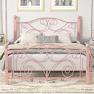 VECELO Twin Size Bed Frame with Headboard and Footboard, Heavy Duty Metal Slat Support, Platform Mattress Foundation, No Box Spring Needed, Easy Assembly, Light Pink