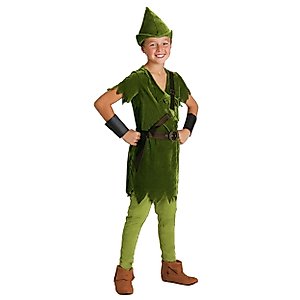 Kids Peter Pan Costume with Hat, Shirt, Tights, Belt/Harness and Wrist Cuffs Green