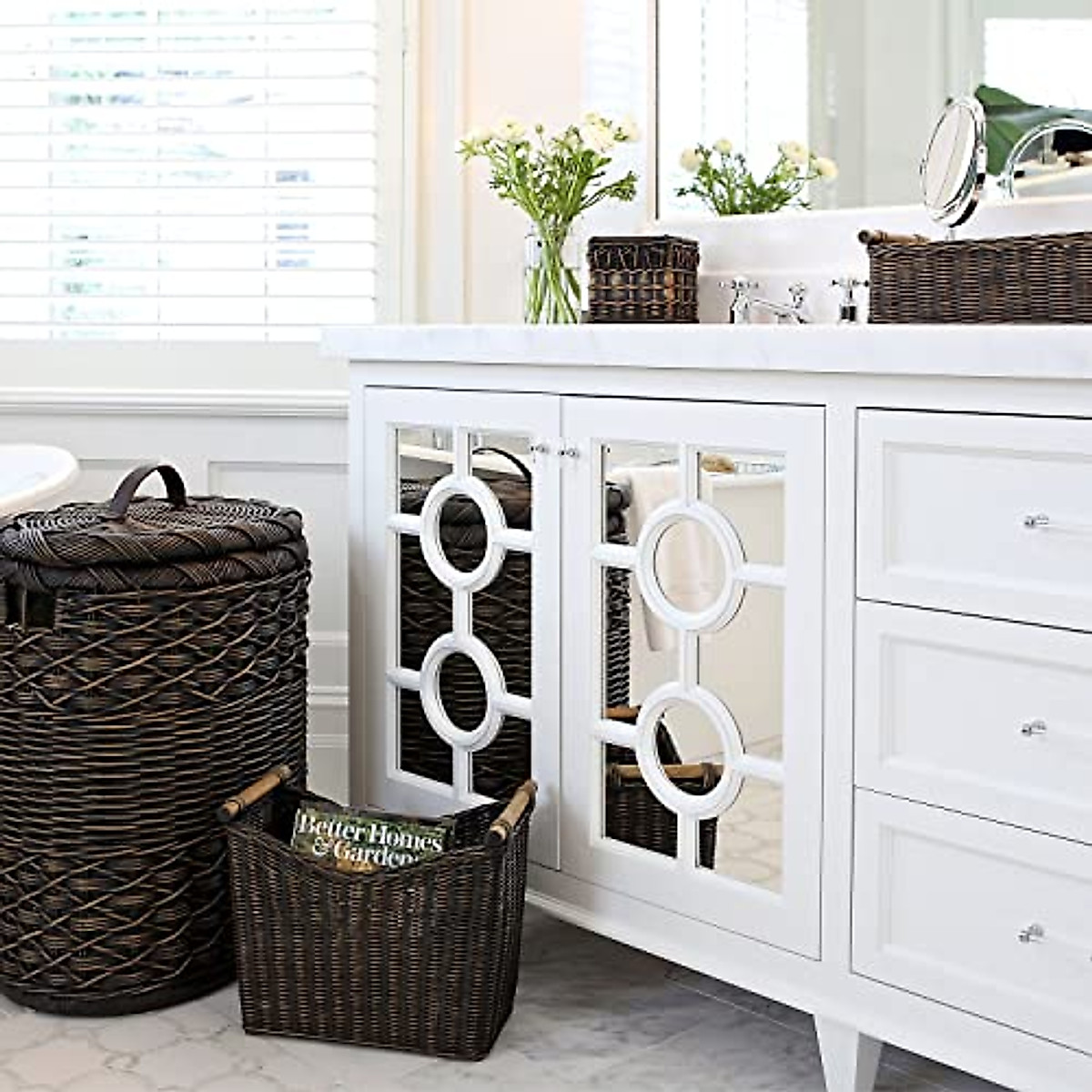 The Basket Lady Long Narrow Pole Handle Wicker Basket, Small, 17 in L x 5 in W x 5.25 in H, Antique Walnut Brown