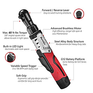 Durofix RW1210-3P G12 Series 12V Li-ion Cordless 3/8” 65 ft-lbs. Torque Brushless Ratchet Wrench Tool Kit with Canvas Bag