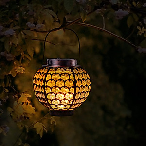 Bownew Outdoor Hanging Solar Lantern Outside Waterproof Metal Solar Powered Lights Decor for Garden Patio Deck Lawn Pathway Yard Porch Balcony Tabletop and Tree