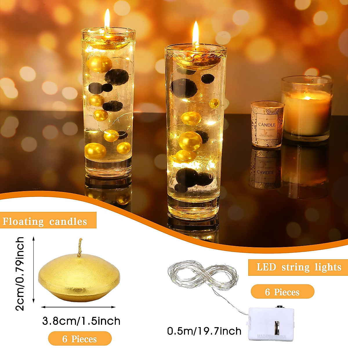 Lounsweer 20000 Pieces Transparent Water Gels and 120 Pieces Simulated Pearl Beads for Vase Fillers and 6 Pcs Floating Candles 6 Pcs Waterproof Light for Graduation Home Wedding Decor (Black, Gold)
