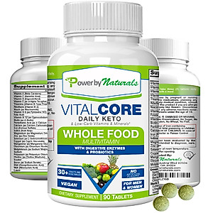 Power By Naturals Vital Core Daily Keto Whole Food Multivitamin for Women & Men | Supports Energy, Tiredness, & Keto Sickness, Digestive Enzymes, Probiotics Whole Food Vitamins & Minerals | 90 Tablets