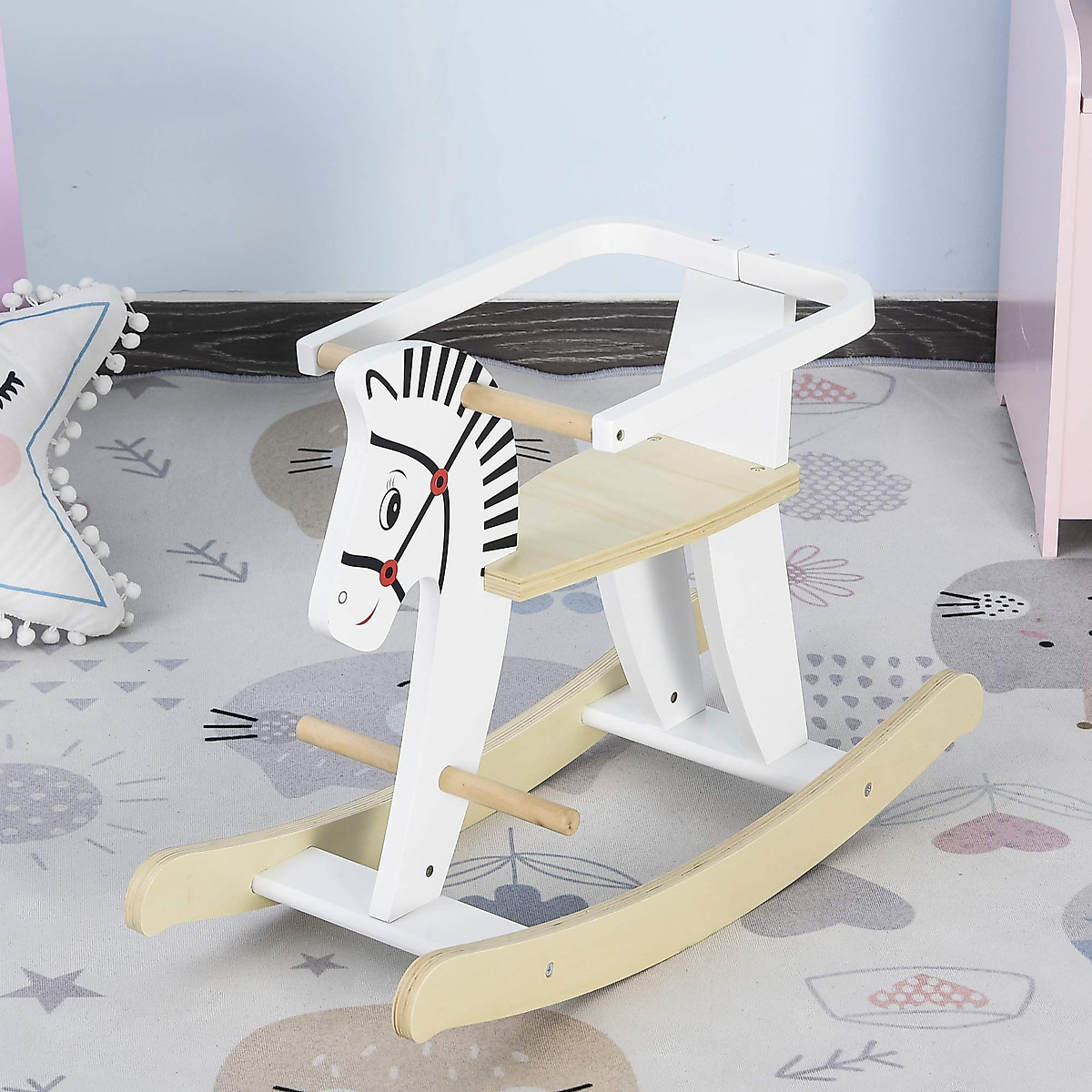 Qaba Wooden Rocking Horse Toddler Baby Ride-on Toys for Kids 1-3 Years with Classic Design & Wood Safety Bar, White