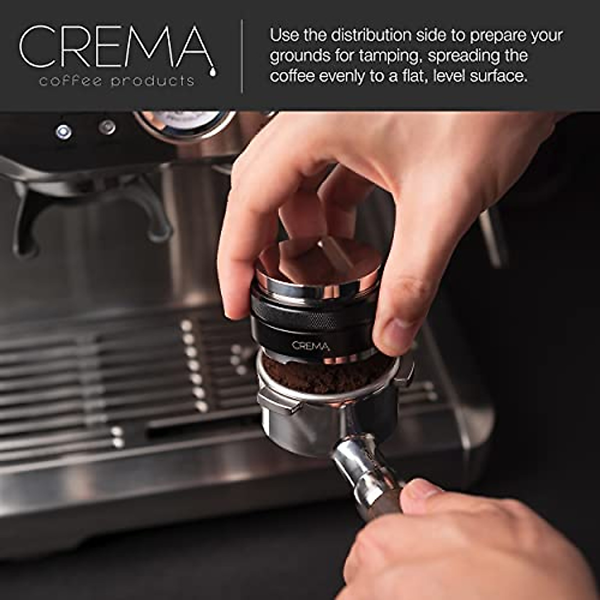 Crema Coffee Products | 53.3mm Coffee Distributor/Leveler & Hand Tamper | Fits 54mm Breville Portafilters | Double Sided, Adjustable Depth | Beautiful Espresso Hand Tampers