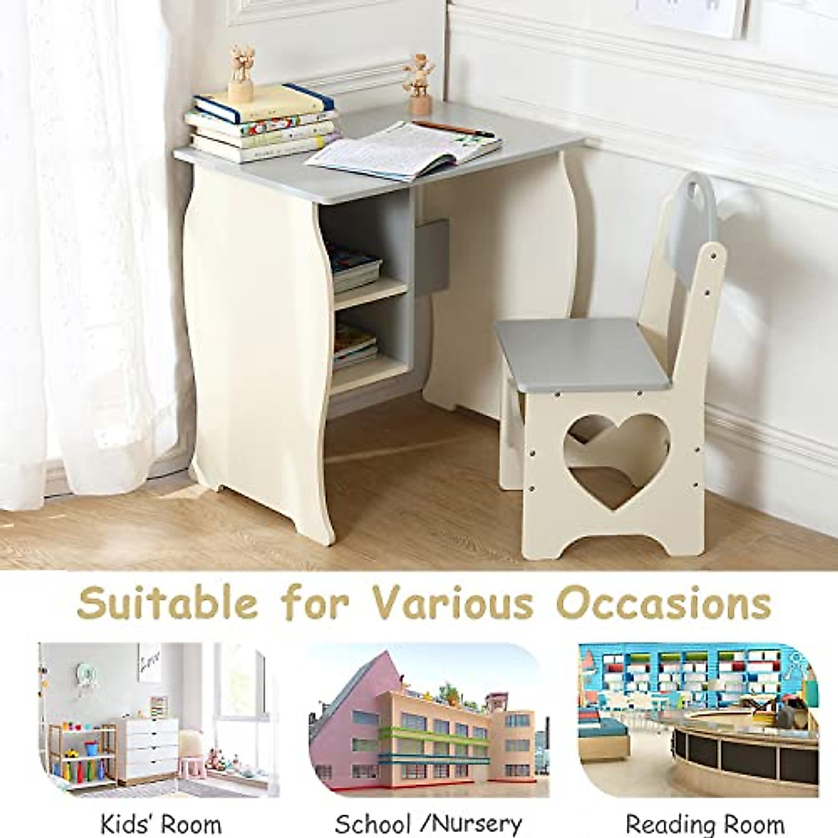 ocinone Kids Desk and Chair Set, Children Study Desk with Storage Shelf, Wooden School Study Table, Writing Table for Home School Use (Grey Beige)