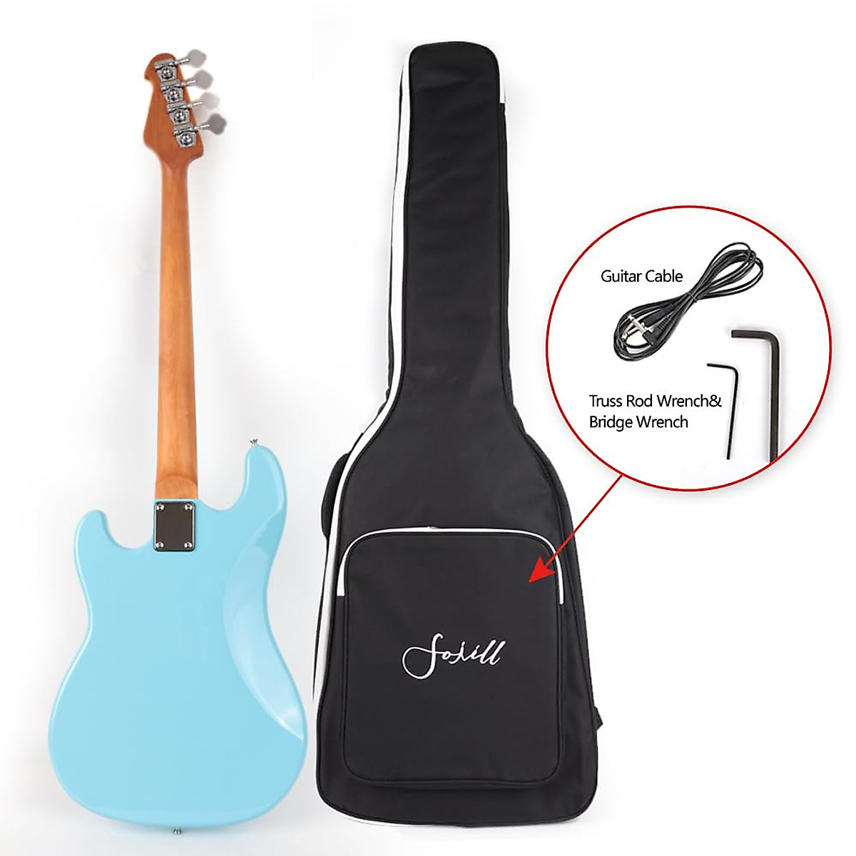 Fojill Full Size Standard Electric Bass Guitar Four 4 String Right Hand Handed Basswood Body Roasted Canadian Maple Neck Genuine Rosewood Fretboard Fingerboard with Gig Bag (Blue)