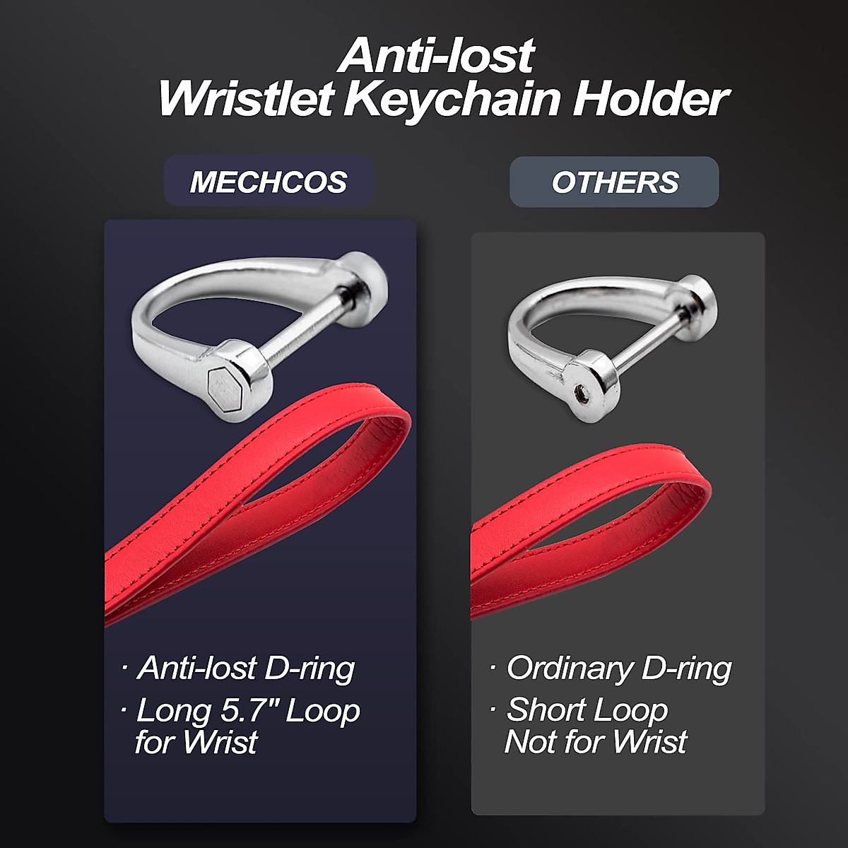 MECHCOS Car Key Fob Keychain Holder Genuine Leather Wristlet Loop Key Chain Circle Carabiner Clip for Men and Women with Anti-Lost D Ring, Screwdriver, 4 Key Rings, 360 Degree Rotatable, Red