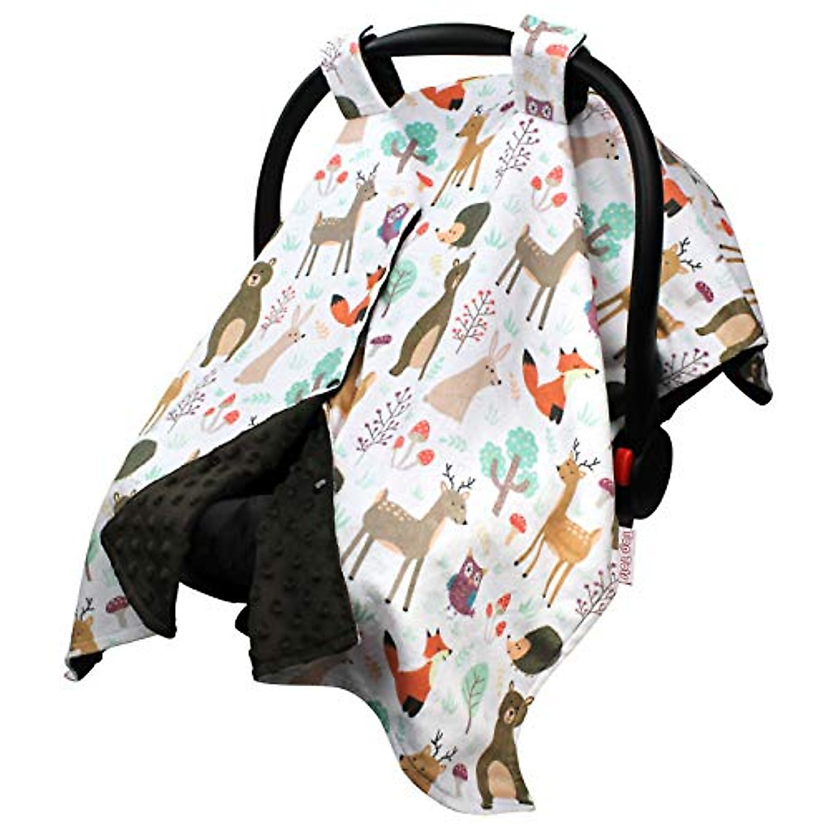Baby Car Seat Canopy Cover - Forest Animals Bear Deer Fox Owl Rabbit with Dark Brown Minky Dot