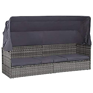 Sun Lounger Both Side Adjustable Lying Area, Outdoor Poly Rattan Lounge Sun Bed with Cushion and Canopy, Daybed for Patio Balcony, Garden, Pool, Lawn, Backyard