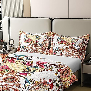 100% Cotton Exotic Floral Duvet Cover Full, Boho Bedding Set, Bohemian Floral Persian Exotic Tribal Comforter Cover, Abstract Gold Red Flowers Botanical Plant 3Pcs Quilt Cover for Girls