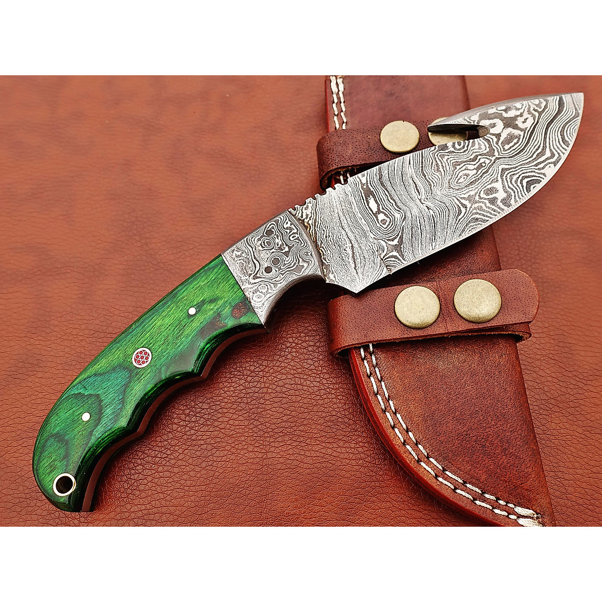9.5" Hand Forged Damascus Steel Gut Hook Skinning Knife, Green Wood Scale with Damascus Bolster, Full Tang Blade Twist Pattern Drop Point Blade, Cow Hide Leather Sheath