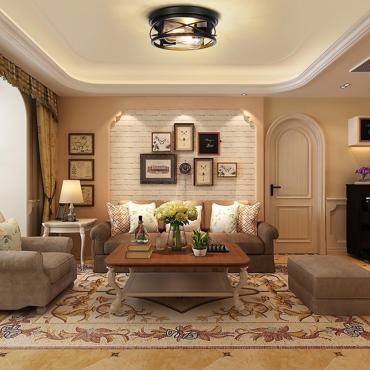 Baocuz 2-Light Flush Mount Ceiling Light Fixture, Farmhouse Light Fixtures Ceiling Mount for Hallway, Metal Cage Black Ceiling Lighting Lamp for Kitchen, Living Room, Entryway (2 Pack)