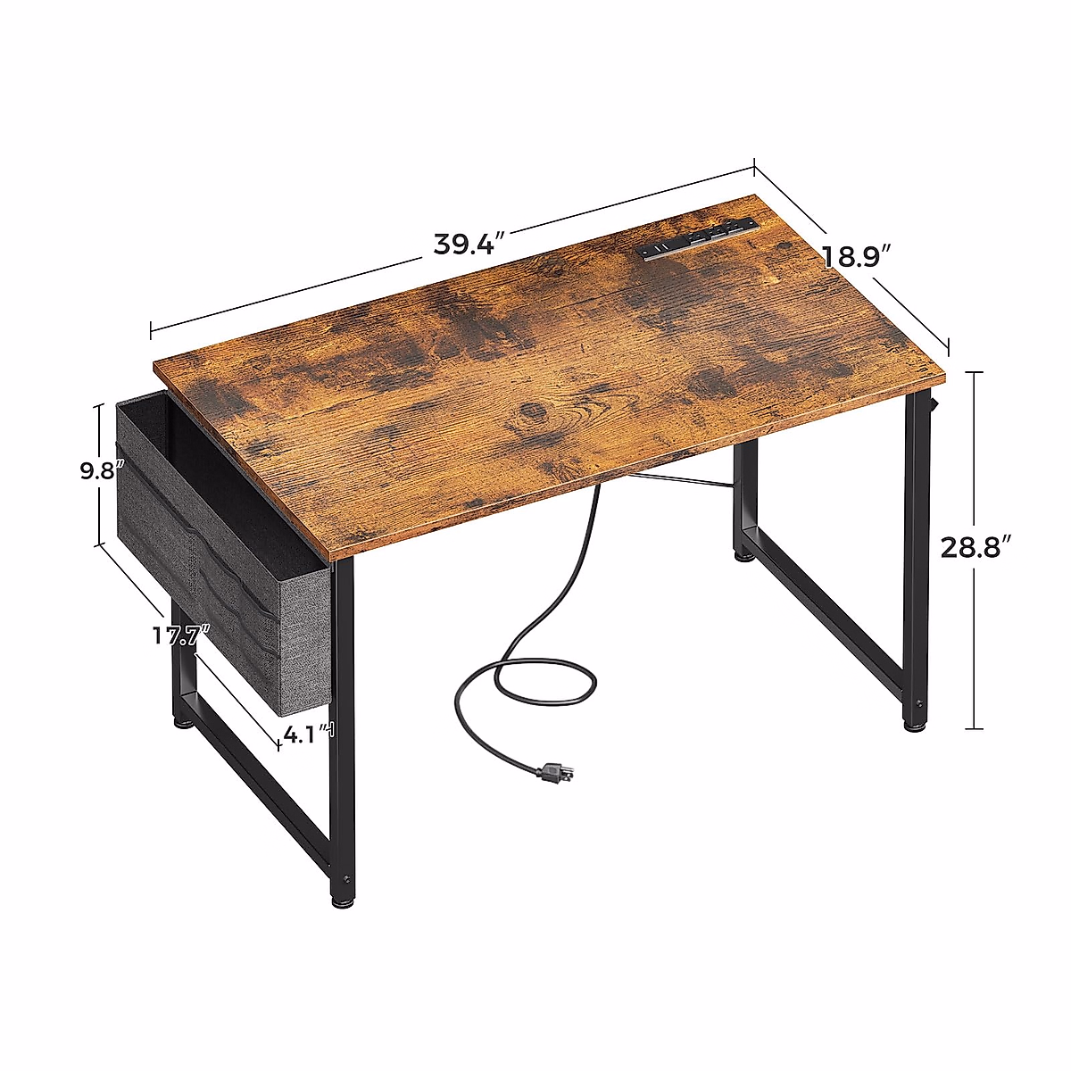 Casaottima 40 inch Computer Desk, Modern Simple Style Desk for Home Office, Study Student Writing Desk with Charging Station Outlets Built in, Rustic