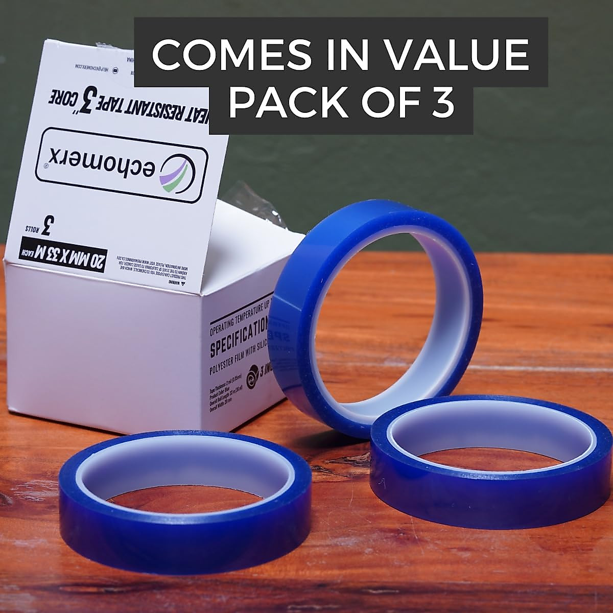 echomerx 20mm x 33m (108 ft) Blue Heat Resistant Tape - 3" Core | No Residue Heat Transfer Tape for Sublimation & Crafts | Ideal for Heat Press - 3-Pack