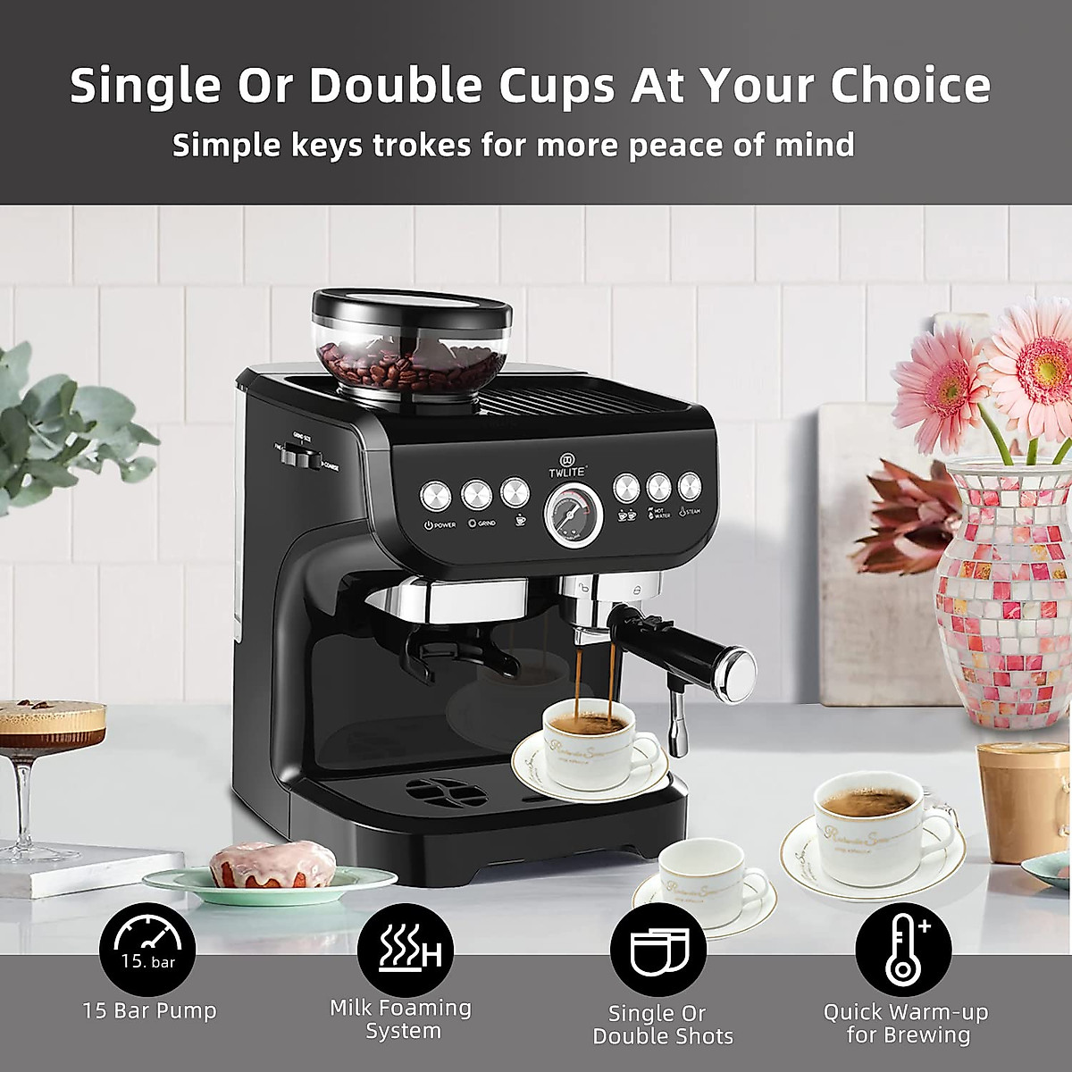 TWLITE 𝐄𝐬𝐩𝐫𝐞𝐬𝐬𝐨 𝐌𝐚𝐜𝐡𝐢𝐧𝐞 𝐰𝐢𝐭𝐡 𝐆𝐫𝐢𝐧𝐝𝐞𝐫, Professional Espresso Maker with Milk Frother Steam Wand, 15 Bar Barista Cappuccino Machine