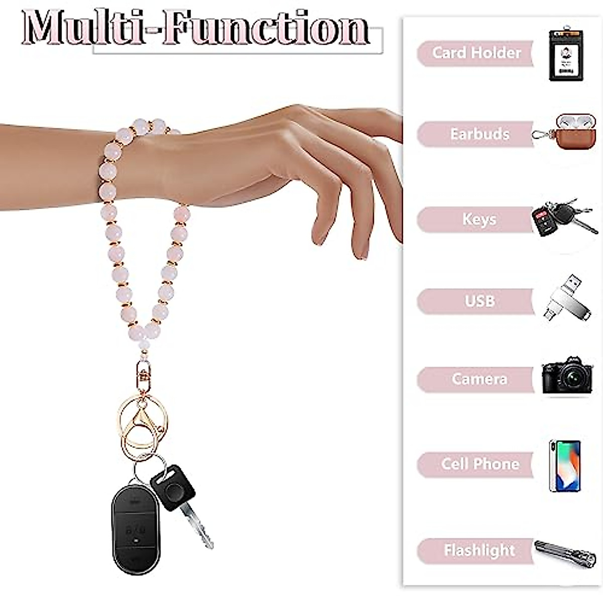 Lostars Key Chain Keychain Wristlet Marble Beaded Keychain Bracelet 14k Gold Plated Keychain Bracelet Key Chains for Car Keys (Pink)