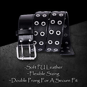 WHIPPY Double Grommet Belt for Women Men PU Leather Double Prong Buckle Vintage Punk Rock Jeans Belts (Black, L)