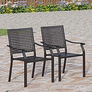 PHI VLLA Black Metal Patio Stacking Chairs Wave Back Indoor Outdoor Dining Set Wrought Iron Chair with Arm, Set of 2