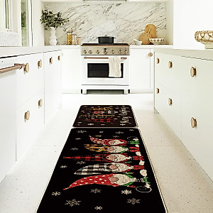 Artoid Mode Buffalo Plaid Tree Gnomes Black Christmas Kitchen Rugs Set of 2, Winter Low-Profile Floor Mat Merry Home Decora for Floor - 17x29 and 17x47 Inch