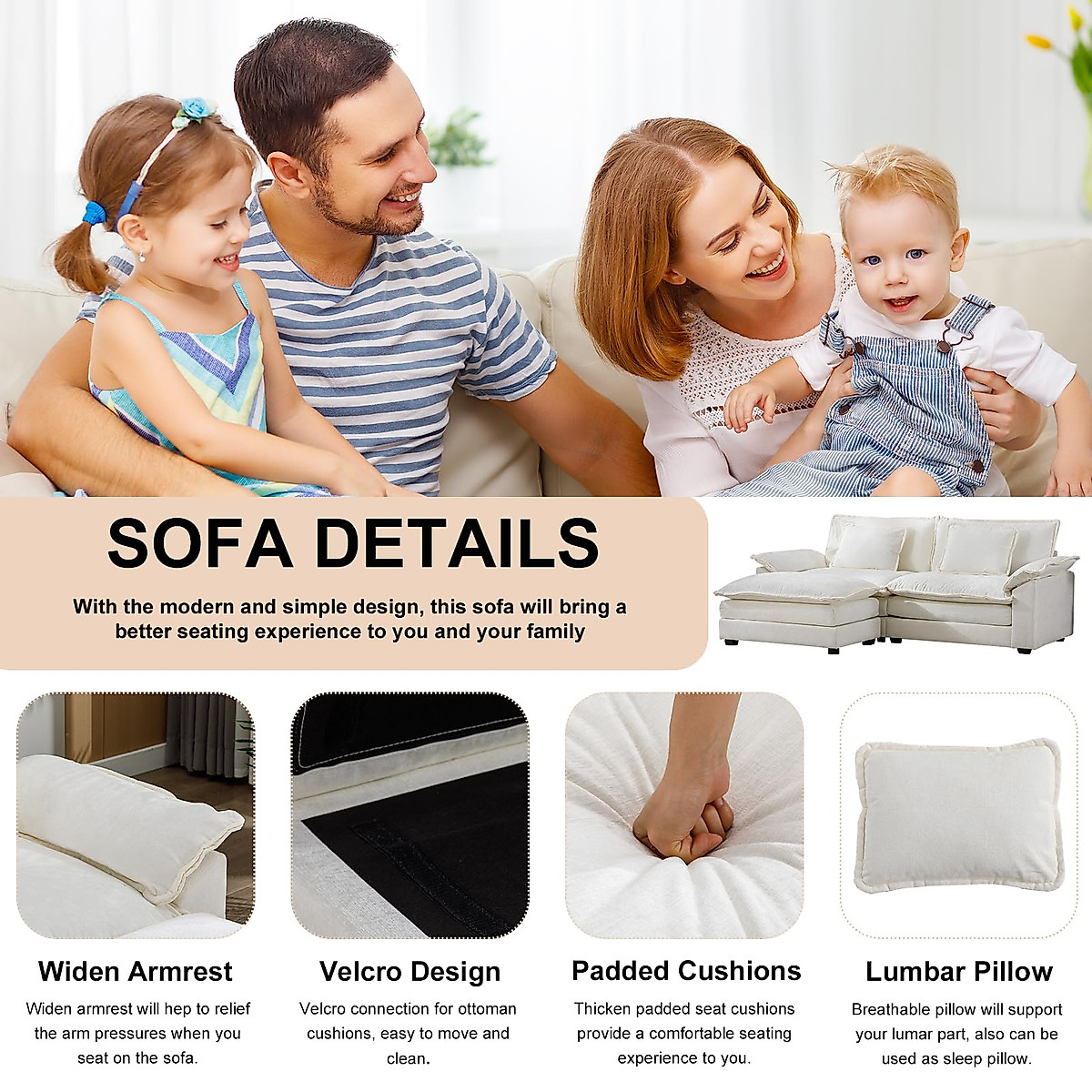 OQQOEE 85.8" Modular Sectional Sofa Oversized Comfy Loveseat L Shaped Sofa Couches with Chaise/Ottoman/Pillows for Living Room,Apartment,Office (White)