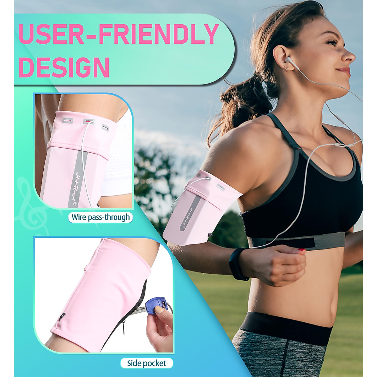 HiRui Running Armband Sleeve Universal Sports Armband Cell Phone Holder Armband for Exercise Workout, Compatible with iPhone 15/14/13/Plus/Pro Samsung Galaxy All Phones (L, Pink)