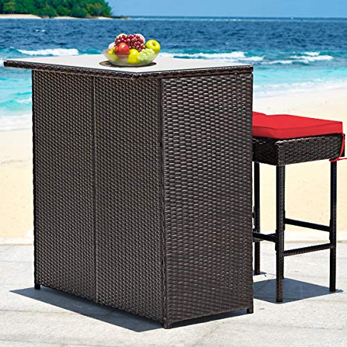 Tangkula Patio Bar Set, 3 Piece Outdoor Rattan Wicker Bar Set with 2 Cushions Stools & Glass Top Table, Outdoor Furniture Set for Patios Backyards Porches Gardens Poolside (Red)