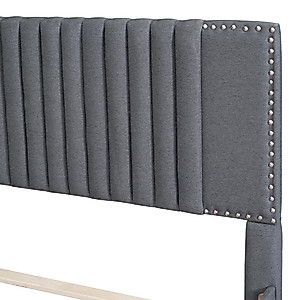 Jintop Queen Size Linen Upholstered Platform Bed with 2 Drawers and 1 Twin XL Trundle,Bedroom Wooden Storage Bed Frame W/Classic Headboard Design,for Kids Teens Adult Gray