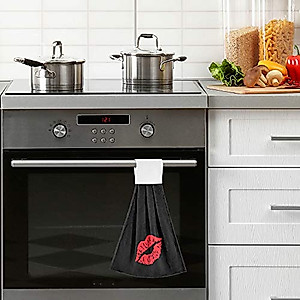 YYZZH Red Lip On Black Kitchen Hand Towels with Hook & Loop Set of 2 Absorbent Bath Hand Towel Hanging Tie Towel
