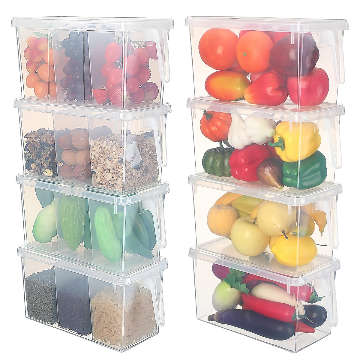Quzzil 8 Pcs Fridge Organizer Refrigerator Organizer Bins with Lids and Handle Clear Fruit Storage Containers for Fridge Vegetable, Egg, Meat (Divided and Normal Style)