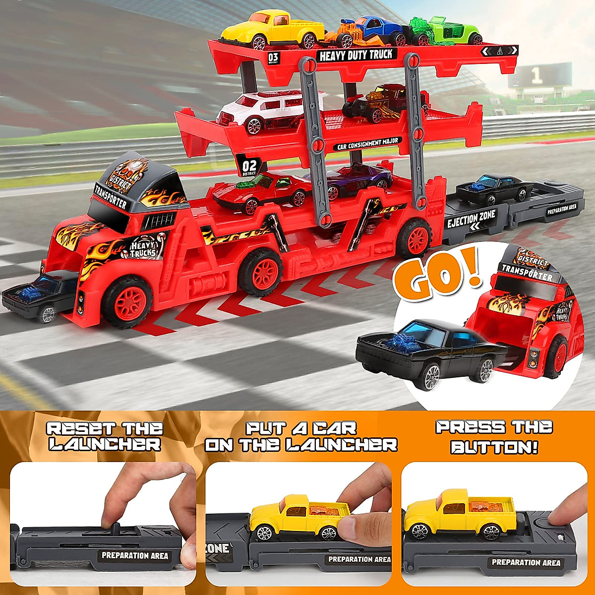 Aoskie Transport Carrier Truck Car Toy with Mini Cars and Road Signs, Hauler Launch Vehicles Play Set Gifts Games for Kids Ages 3-5 Years Old