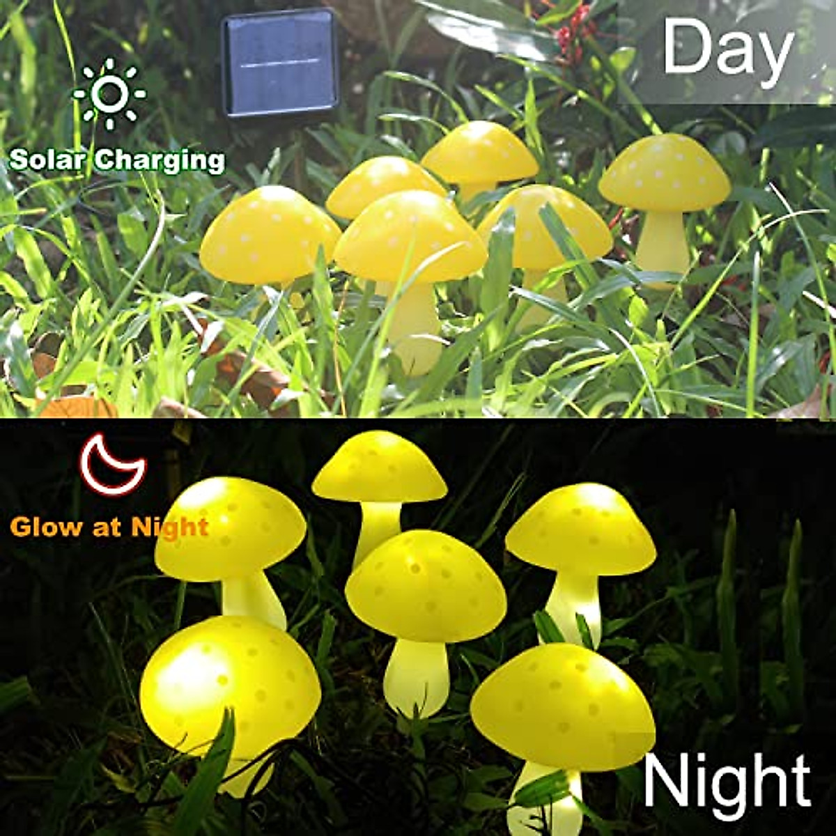 XSFANCYFUN Set of 6 Solar Mushroom Lights Outdoor Garden, 8 Modes Waterproof Solar Powered Garden Pathway Lights for Yard, Lawn, Pathway, Christmas, Walkway, Fence Decorations Yellow Mushroom Lights