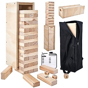 CELETOY Giant Tower Game with 3-in-1 Straightener, Quick Set-up Block Wooden Tower Game Set with Carrying Bag, Table & Storage Box - Starts at 2-4ft - Grows to Over 6ft, Lawn Games Backyard Outdoor