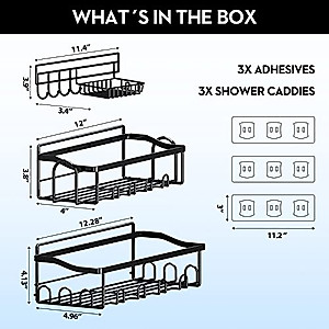 SIXDOVE 3 Pack Shower Caddy Shelves With 22 Hooks, Soap Holder Organizer Wall Mounted Shower Rack Basket With No Drilling Adhesive Shower Caddy Rustproof Storage Organizer (Black)
