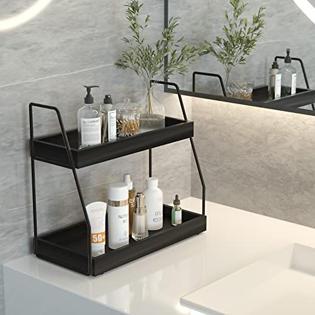 ZGO 2-Tier Bathroom Counter Organizer, Wood Bathroom Organizer Countertop Vanity Organizer Bathroom Tray, Kitchen Spice Rack Counter Shelf Organizers and Storage, Black