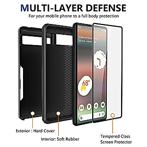 YEMODO Google Pixel 6A Case 6.1" 2022, [4 in 1] with Tempered Glass Screen Protector & Camera Lens Protector, Lightweight Slim Anti-Drop, Multi Layer Full Body Protective Cover for Men Women, Black
