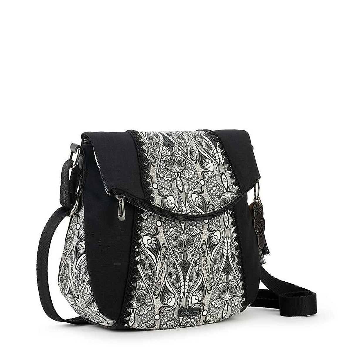 Sakroots Foldover Crossbody Bag in Cotton Canvas, Multifunctional Purse with Adjustable Strap & Zipper Pockets, Black & White Soulful Desert 2