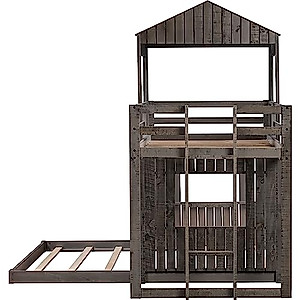 GJHOME Twin Over Full House Bunk Bed with Ladder, Window and Guardrails, Wooden Low Loftbed with Playhouse, Farmhouse, for Kids Teesn Boys Girls Bedroom, Antique Gray