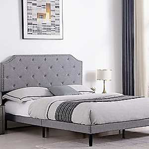 QZhommer Full Size Bed Frame, Modern Upholstered Platform Bed with Adjustable Button Tufted & Riveted Headboard with Wood Slat Support, Easy Assembly, No Box Spring Needed(Grey)