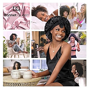 BONNET QUEEN Silk Bonnet for Sleeping Women Satin Bonnet Hair Bonnet night sleep cap scarf wrap for curly hair With Tie Band Black