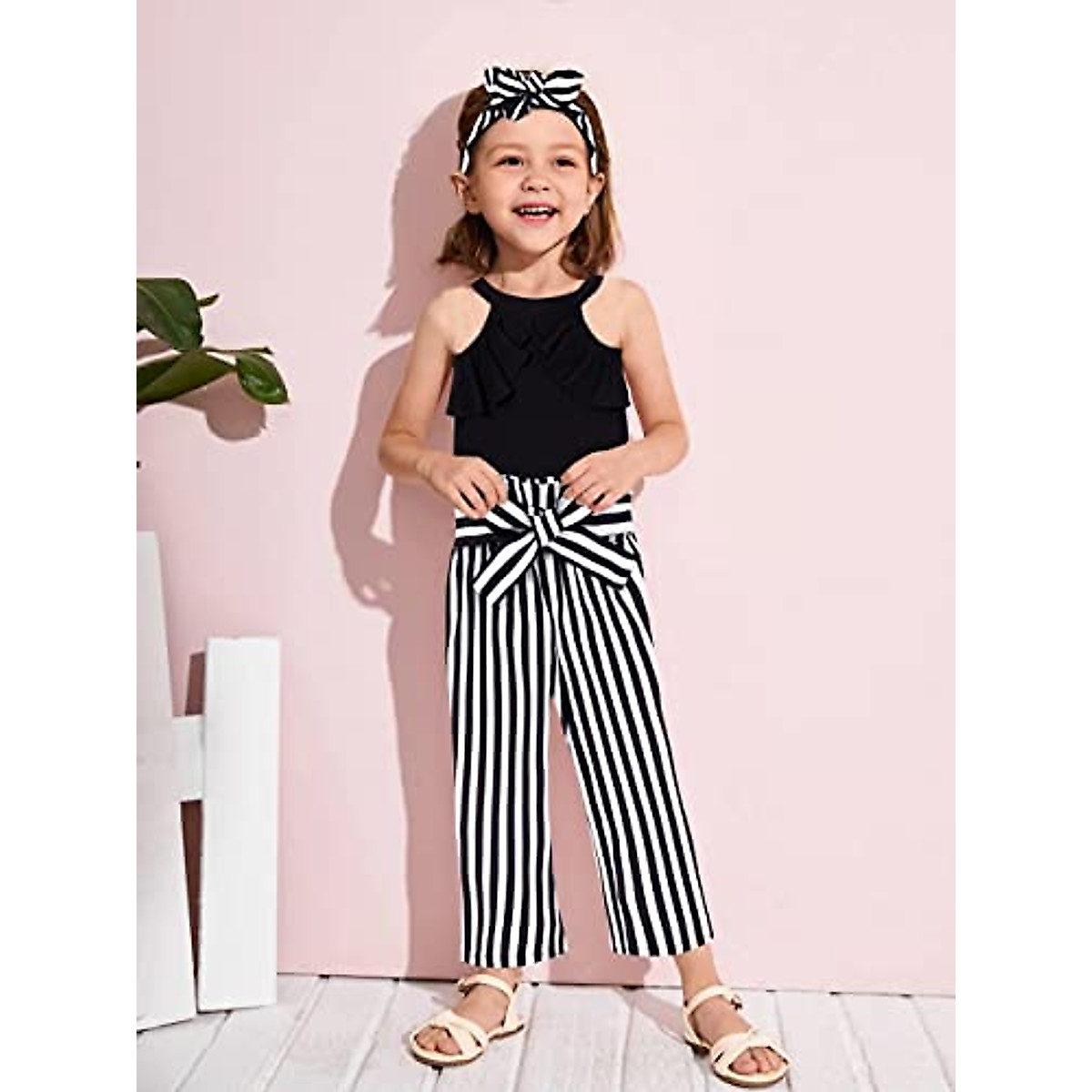 MIGU Girls Clothes Size 5T-6T Girls Clothes Summer Outfits black Sleeveless T-shirt Top + Stripe Pants + Headband 3Pcs Kids Girls Clothes Little Girl Clothes Size 5t 6t