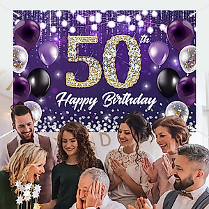 Happy 50th Birthday Backdrop Banner Purple Theme Background with Shiny Diamond Noble Elegant Birthday Party Photo Photography Prop Booth Background for Men Women Celebration 70.8x47.2in-BECKTEN
