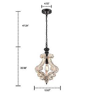 CLAXY Wooden Pendant Light Distressing Off-White Finish Farmhouse Chandelier