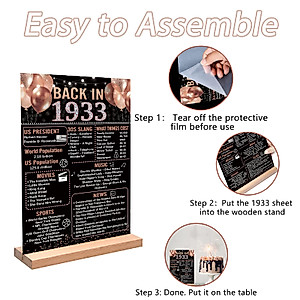 Trgowaul 90th Birthday Decorations Set: Includes Rose Gold Birthday Backdrop Banner 5.9 X 3.6 Fts, Rose Gold Back in 1933 Birthday Poster Acrylic Table Sign with Stand