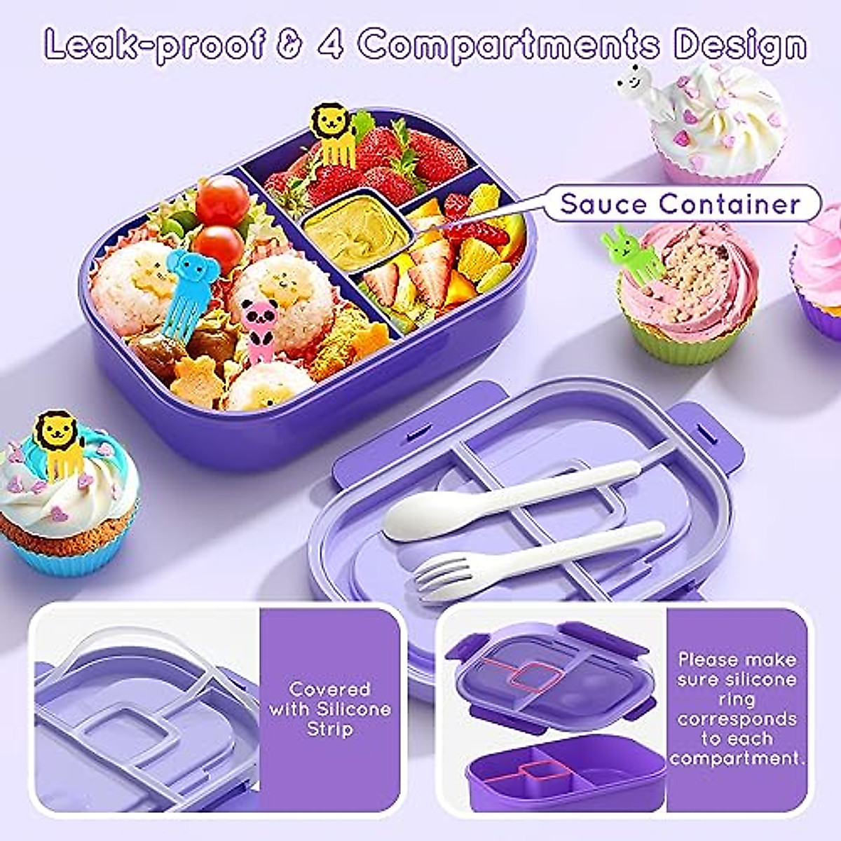 TIME4DEALS Lunch Box Kids Adult Bento Box Bento-Style Lunch Box 1300ml Ideal Portion Size Leak Proof Bento Lunch Box for Teens Toddlers, BPA Free Lunchbox Containers for School Work Picnic (Purple)
