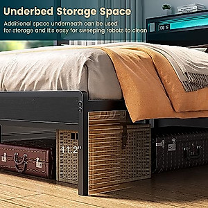 Homieasy Full Size Bed Frame with Charging Station and Led Lights, Industrial Metal Platform Bed with Storage Headboard, Steel Slat Support, No Box Spring Needed, Noise-Free, Easy Assembly, Black