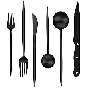 Stapava 24 Pieces Matte Black Silverware Set with Steak Knives, Stainless Steel Flatware Cutlery Set Service for 4, Utensils Sets for Home Restaurant, Satin Finished Polished & Dishwasher Safe